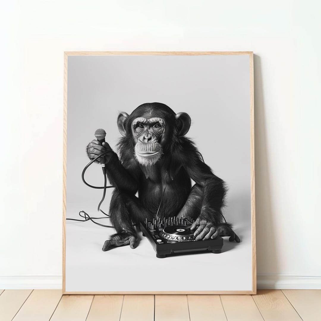 Funny Monkey DJ Poster – “monkey With Microphone and Turntable ...