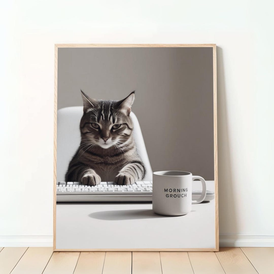 Funny Office Poster – Morning Grouch Cat at Desk With Mug Digital ...