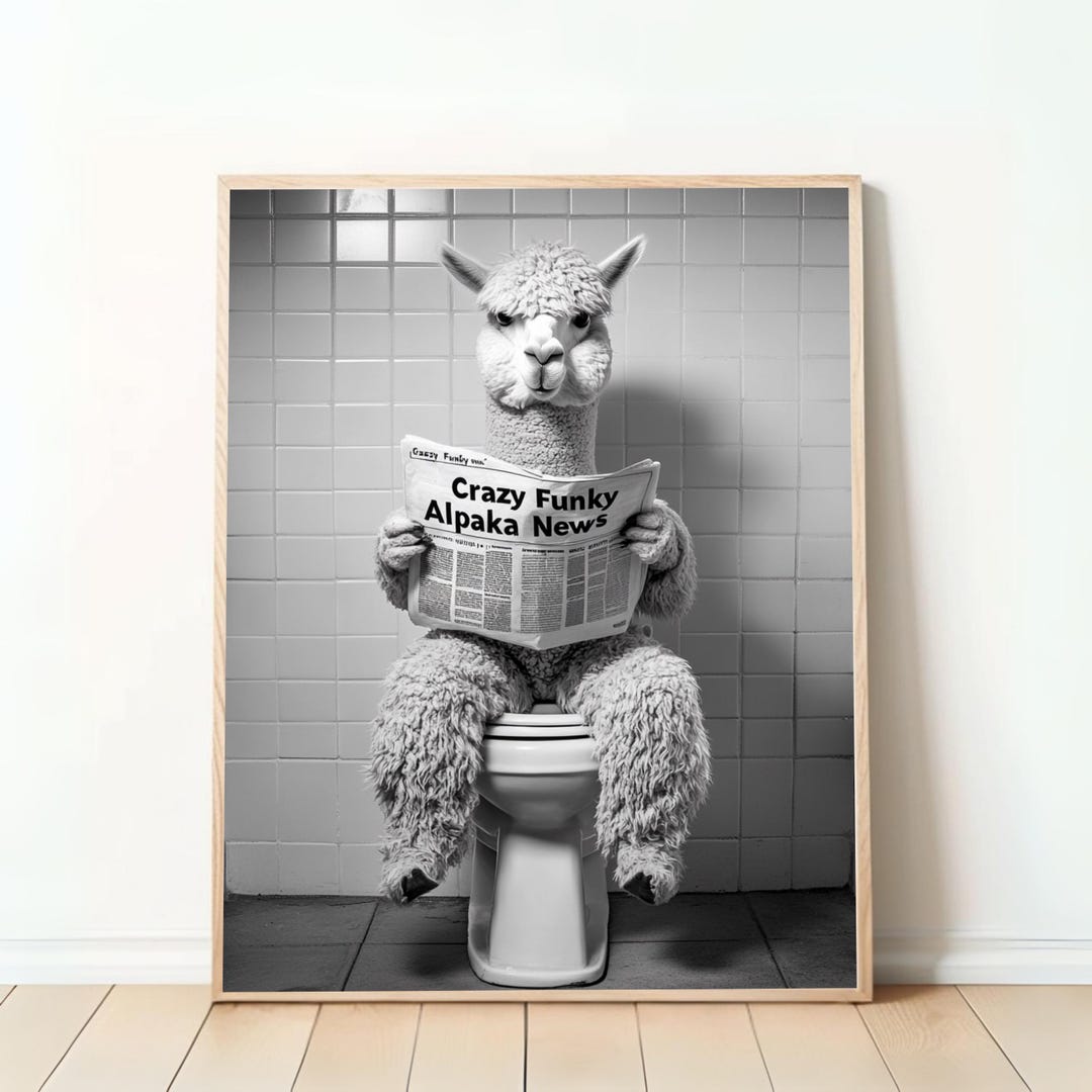 Funny Alpaca Bathroom Poster – “alpaca Reading Newspaper on Toilet ...