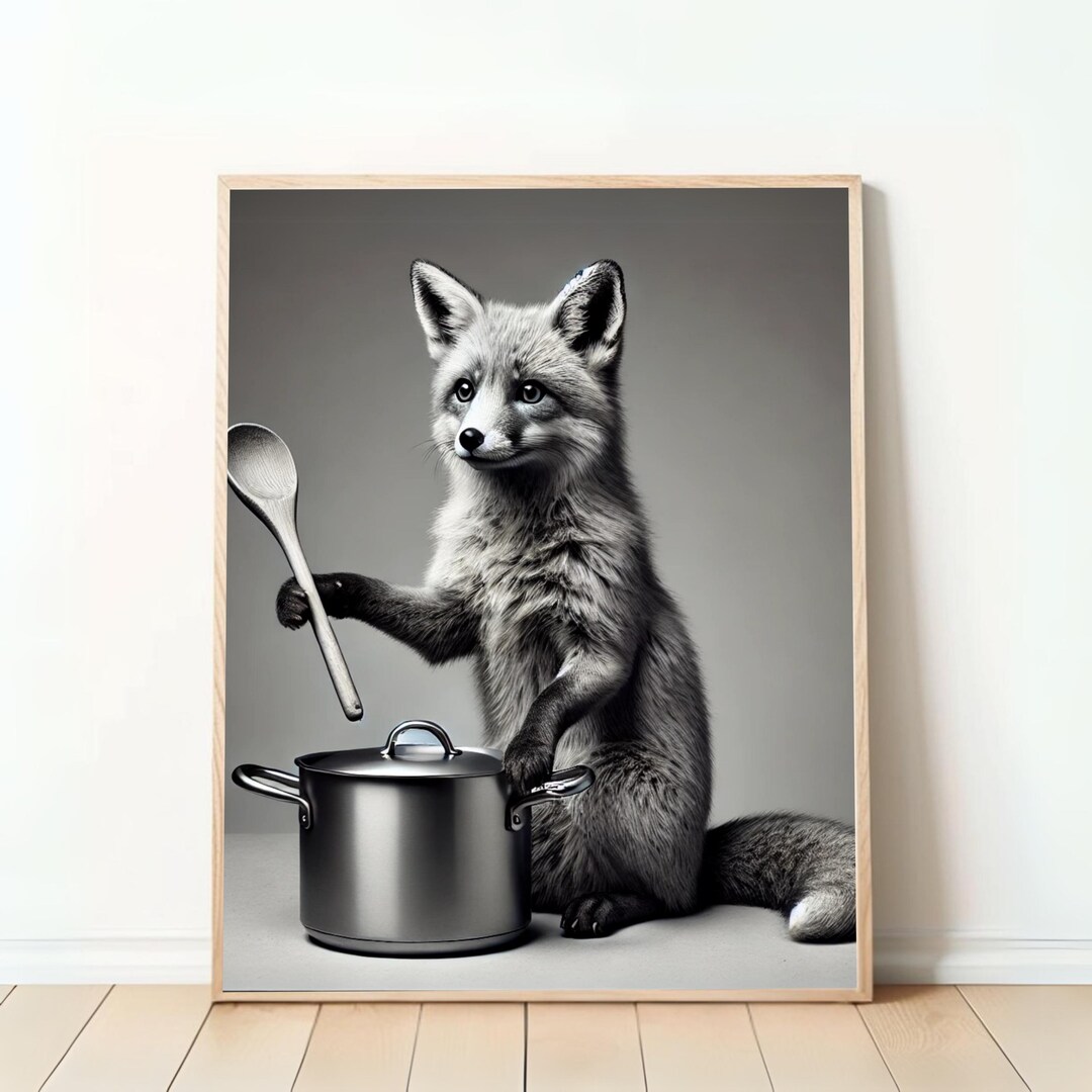 Fox in the Kitchen – Digital Illustration, Charming Cooking Moment ...