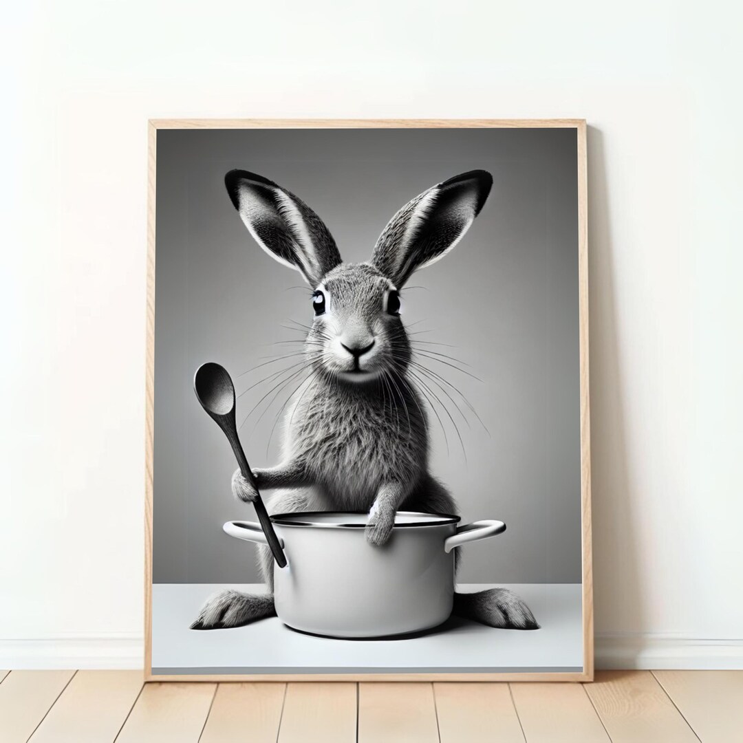 Rabbit Cooking Art – Funny Digital Illustration, Bunny in the Kitchen ...