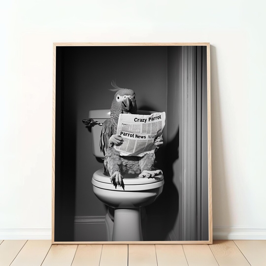 Funny Parrot Bathroom Poster – “parrot Reading Newspaper on Toilet ...