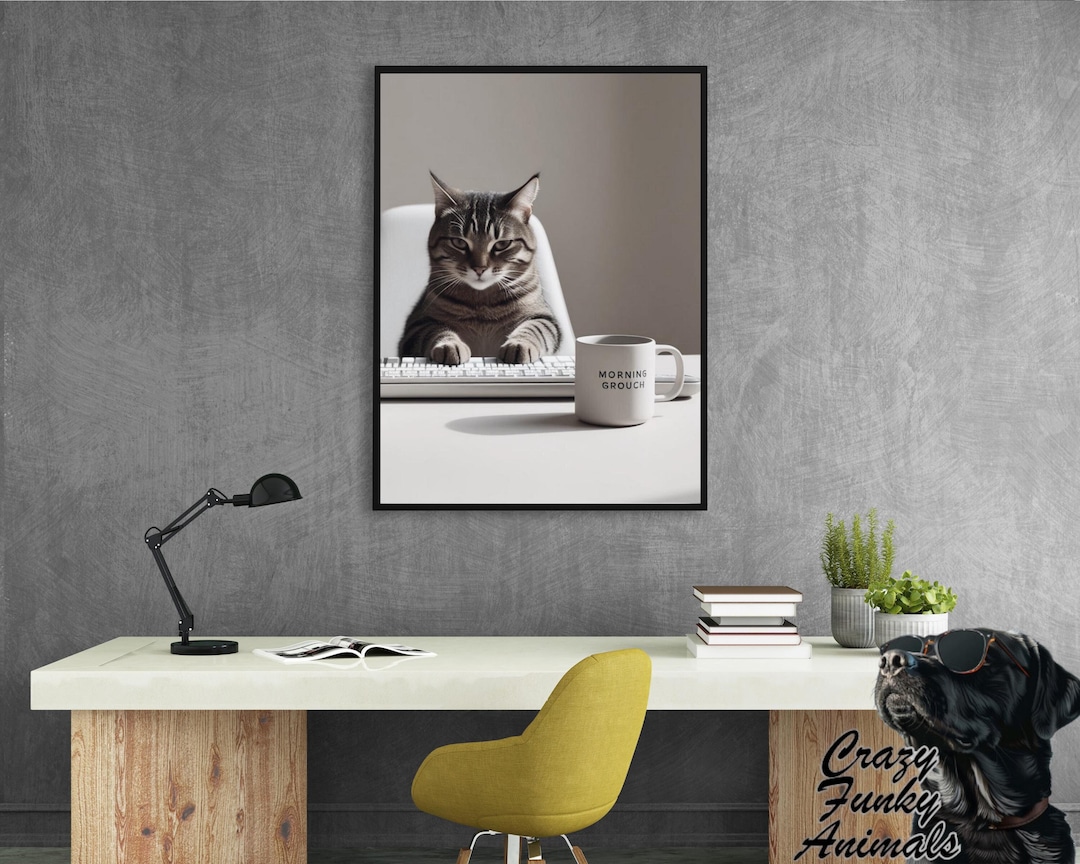 Buy Funny Office Poster Morning Grouch Cat at Desk With Mug Digital ...