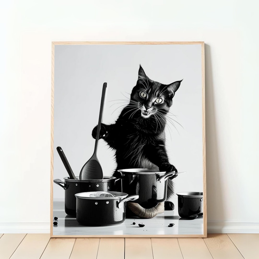 Black Cat in the Kitchen – Stylish Digital Illustration, Cooking With ...