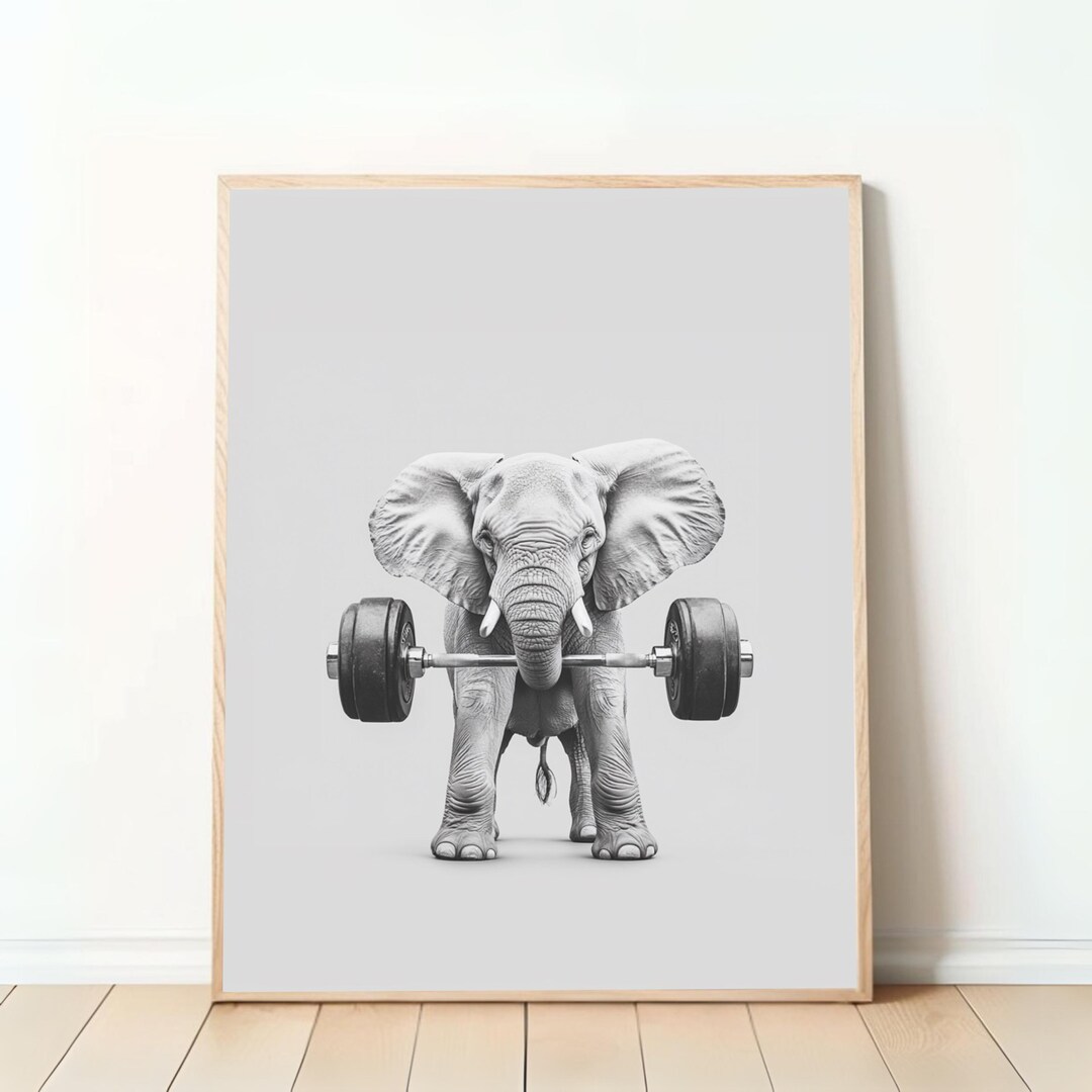 Funny Fitness Poster – “elephant With Barbell,” Humorous Animal Art ...