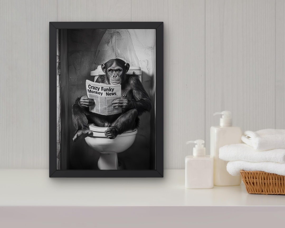 Buy Funny Monkey Bathroom Poster monkey Reading Newspaper on Toilet ...
