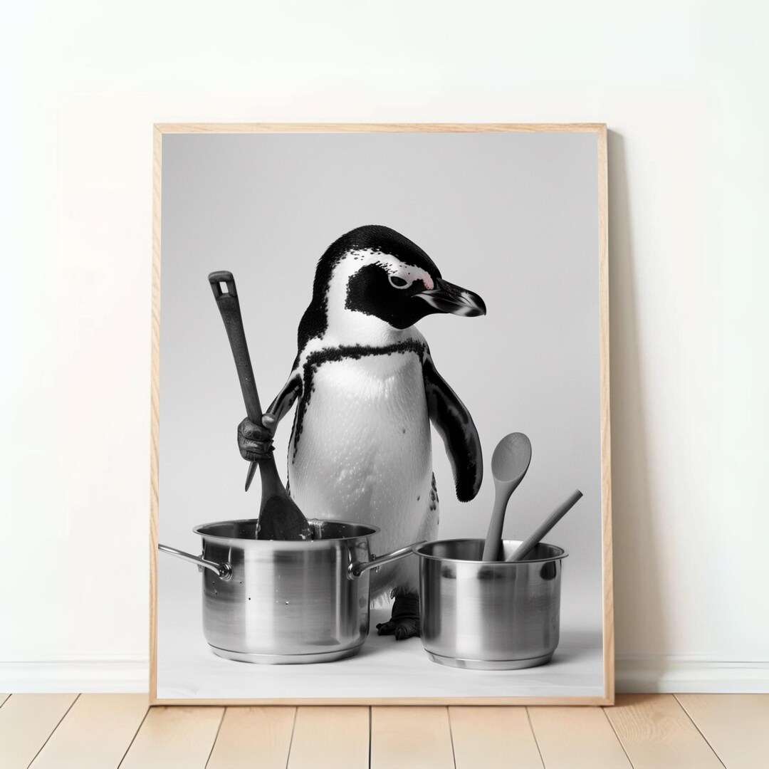 Funny Animal Print Penguin Cooking in the Kitchen, Digital Art for ...