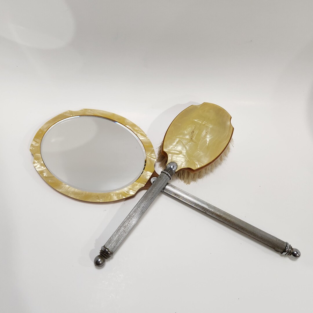 Vintage Bakelite Dresser Vanity Set Brush Mother of Pearl Yellow Gold ...