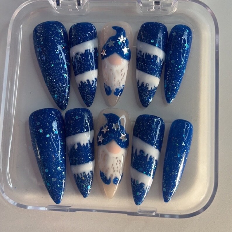 Blue Christmas Nails, Blue and White Gonk Gnome Press on Nails ...