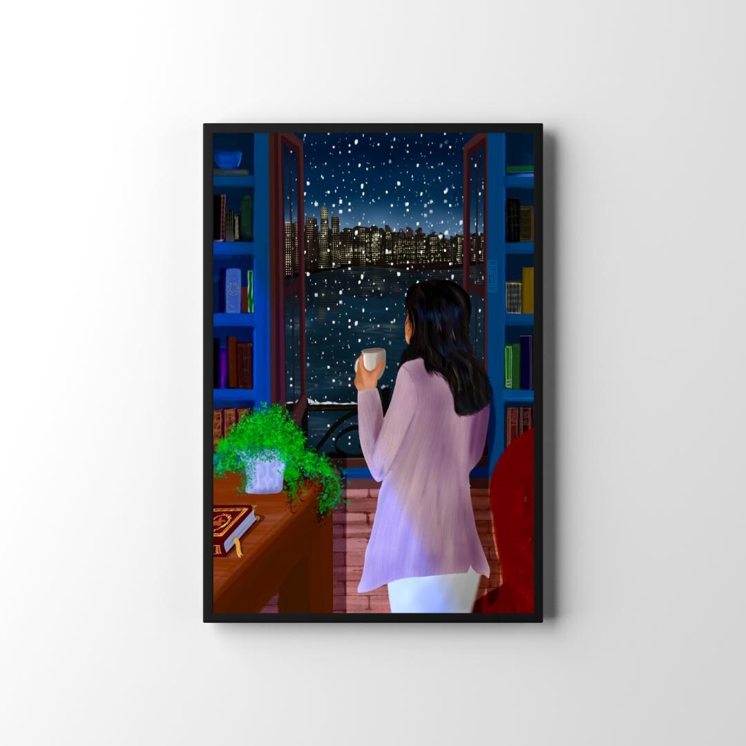 Cozy Winter Library Art Print | Woman Reading, City Snowfall (digital ...
