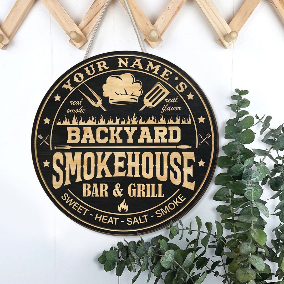 Personalized Name Backyard Wooden Sign Smokehouse Bar Grill Plate for ...