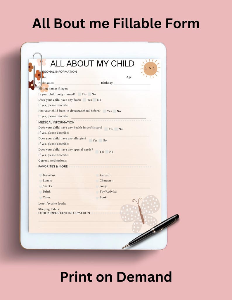 All About Me Child Form: Daycare Printable Worksheet (digital Download ...