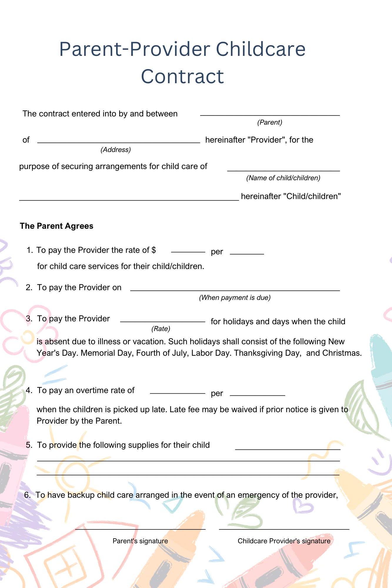 Daycare Contract: Printable Parent Provider Agreement (customizable) - Etsy