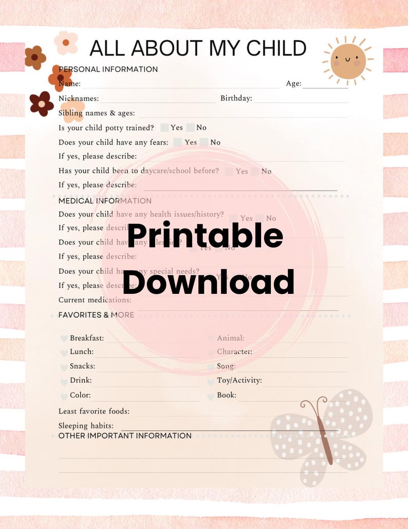 Daycare All About Me Childcare Form Printable PNG Digital Download Fun ...