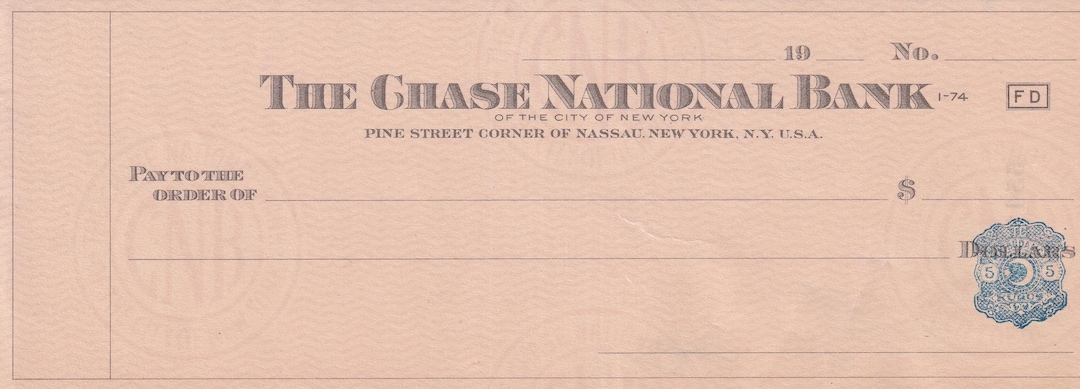 Vintage Paper, Bank Cheque Chase National Bank New York US 5 Kurus ...