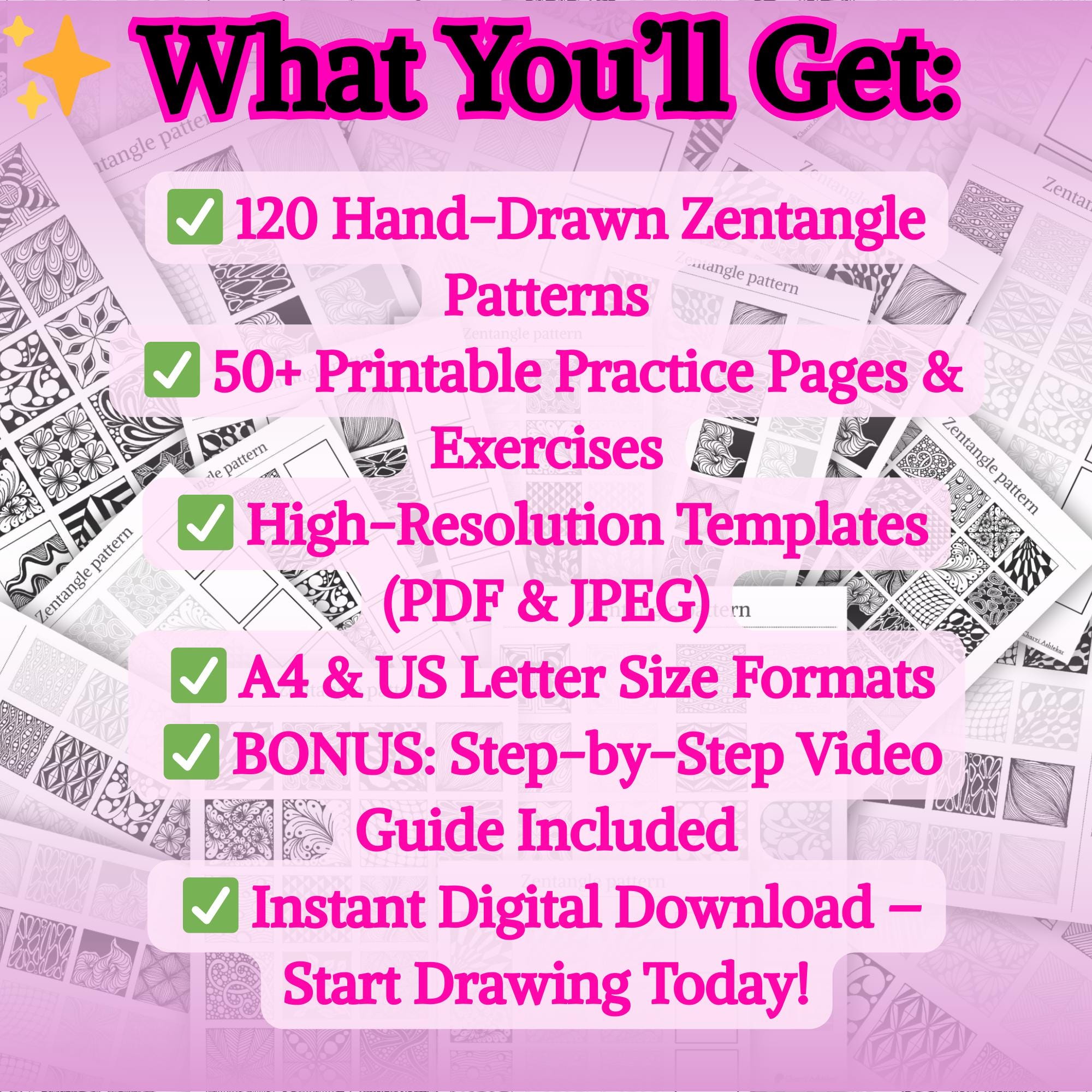 35 Zentangle Patterns Bundle , 70+ Pages PDF and JPEG Tracing, Practice ...