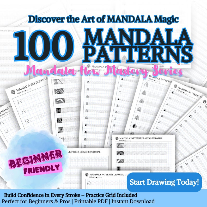 100 Easy Mandala Patterns for Beginners: Printable Art Therapy Sheets ...