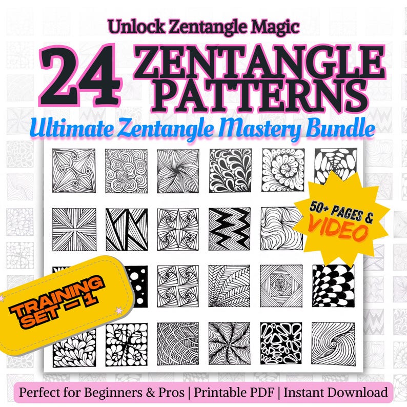 24 Zentangle Pattern Sheets PDF, Beginner-friendly Tangle Templates, 24 ...