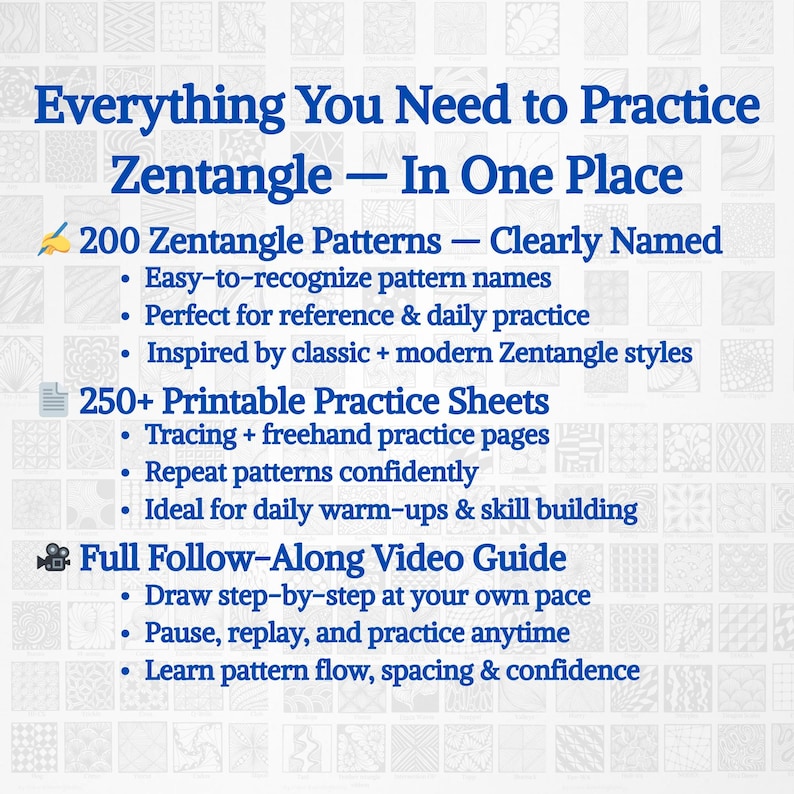 200 Zentangle Patterns With Video Guide | Printable Practice Sheets ...