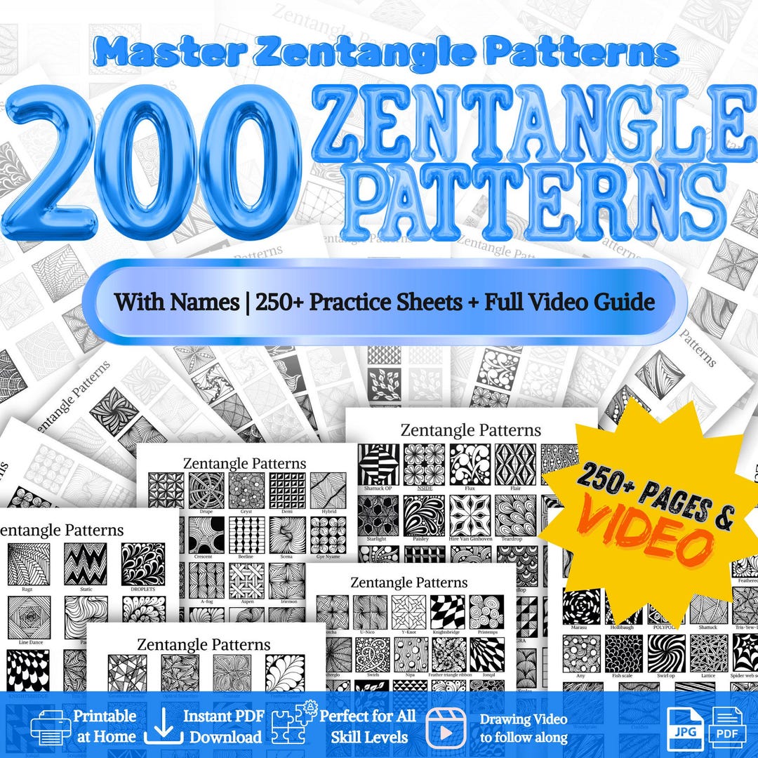 200 Zentangle Patterns With Video Guide | Printable Practice Sheets ...