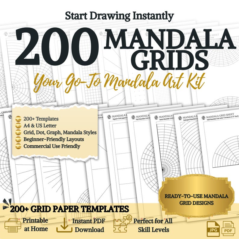 Mandala Grid Templates: 200+ Printable Dot Grid, DIY Drawing Kit (PDF ...