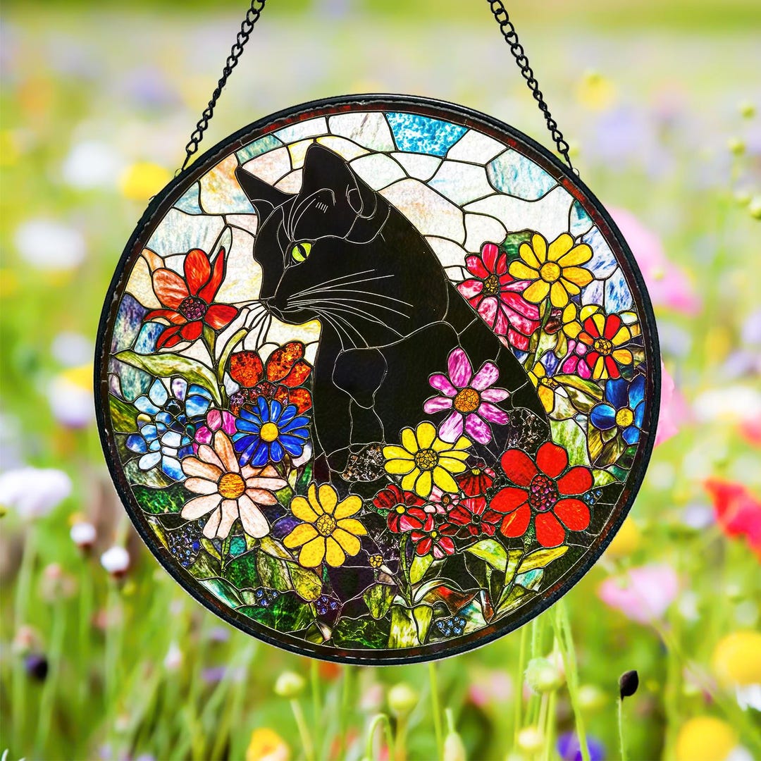 Cat Wildflower Glass Suncatcher, Black Cat Glass Art, Tabby Cat Window ...