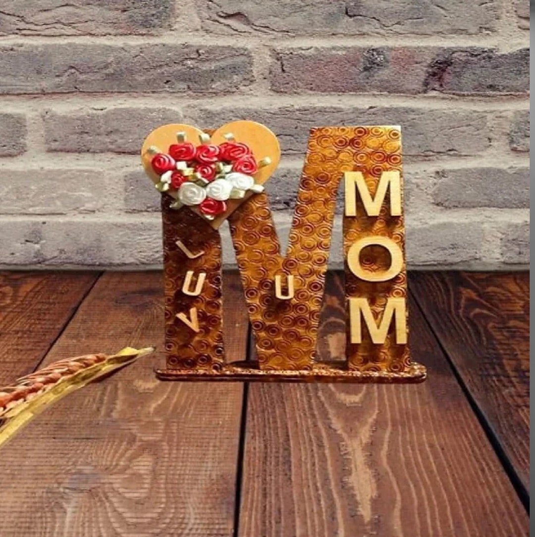 LOV U MOM Wood Letter M Decor, Book End Wood Letters, Decor Wood Coffee ...