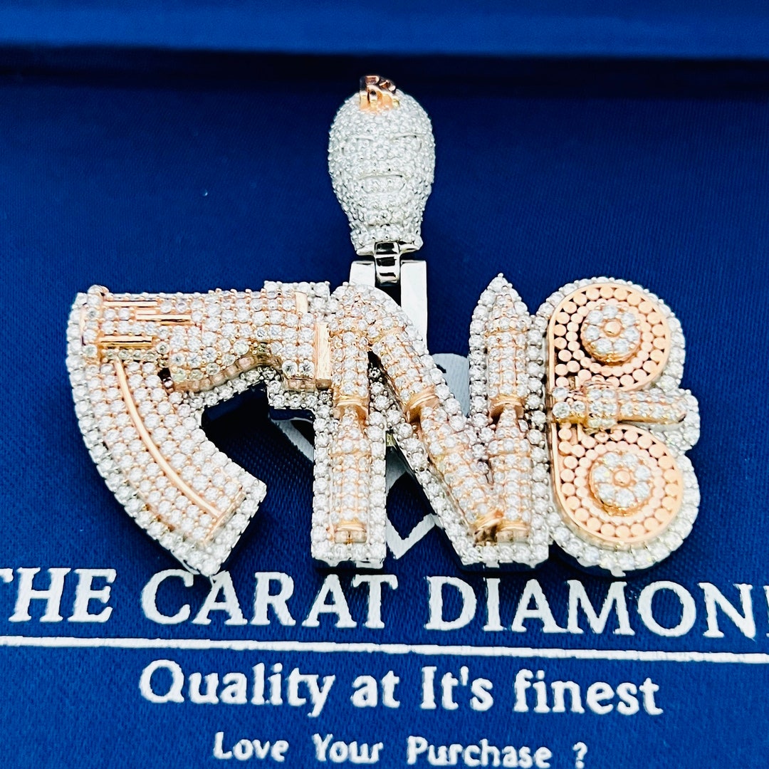 Iced Out Gun NB Two Tone Diamond Pendant | 2.25"x1.7" Custom Charm ...
