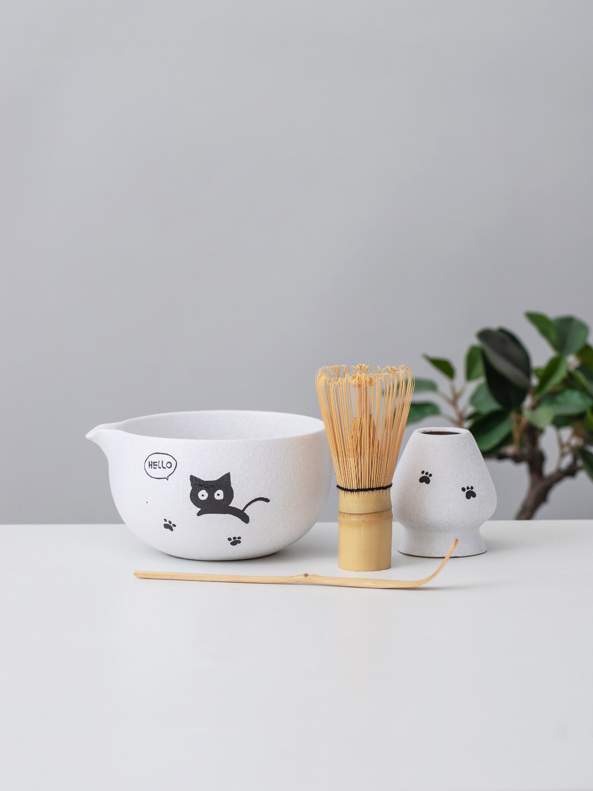Hand Painted Cute Little Black Cat Matcha Set, Matcha Bowl Set With ...