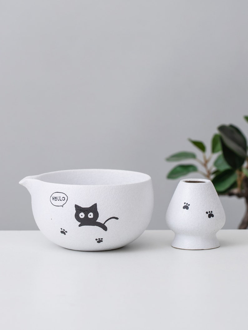 Hand Painted Cute Little Black Cat Matcha Set, Matcha Bowl Set With ...