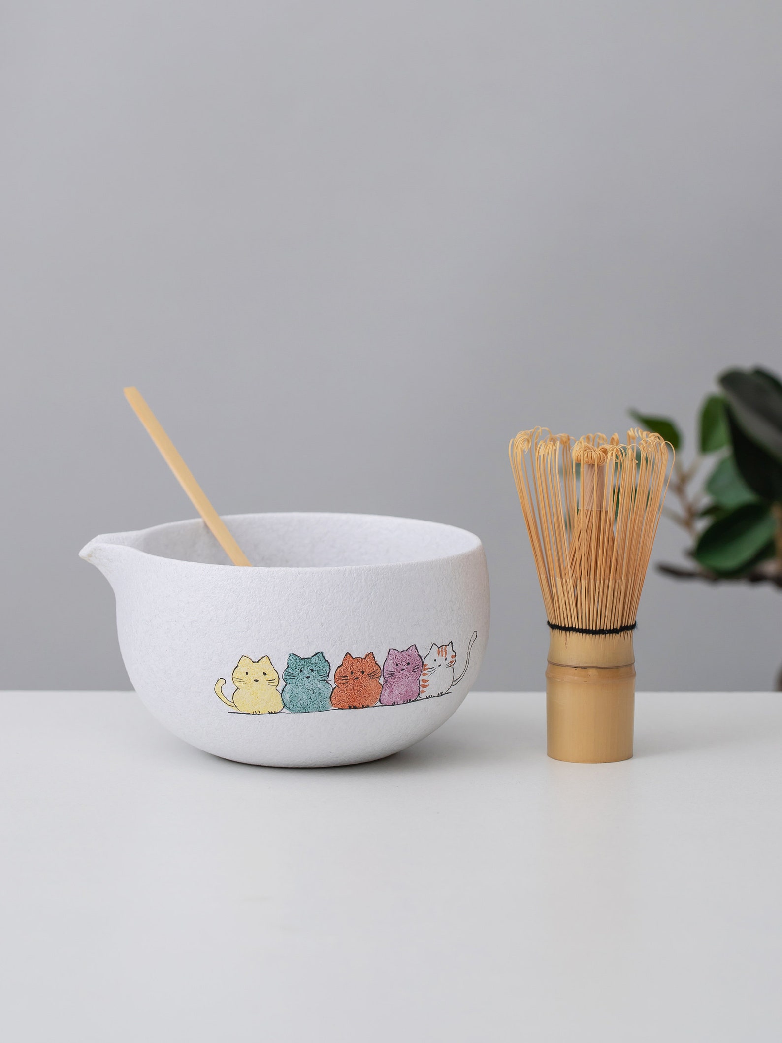 Handcrafted Cute Cats White Matcha Set, Matcha Bowl Set With Bamboo ...