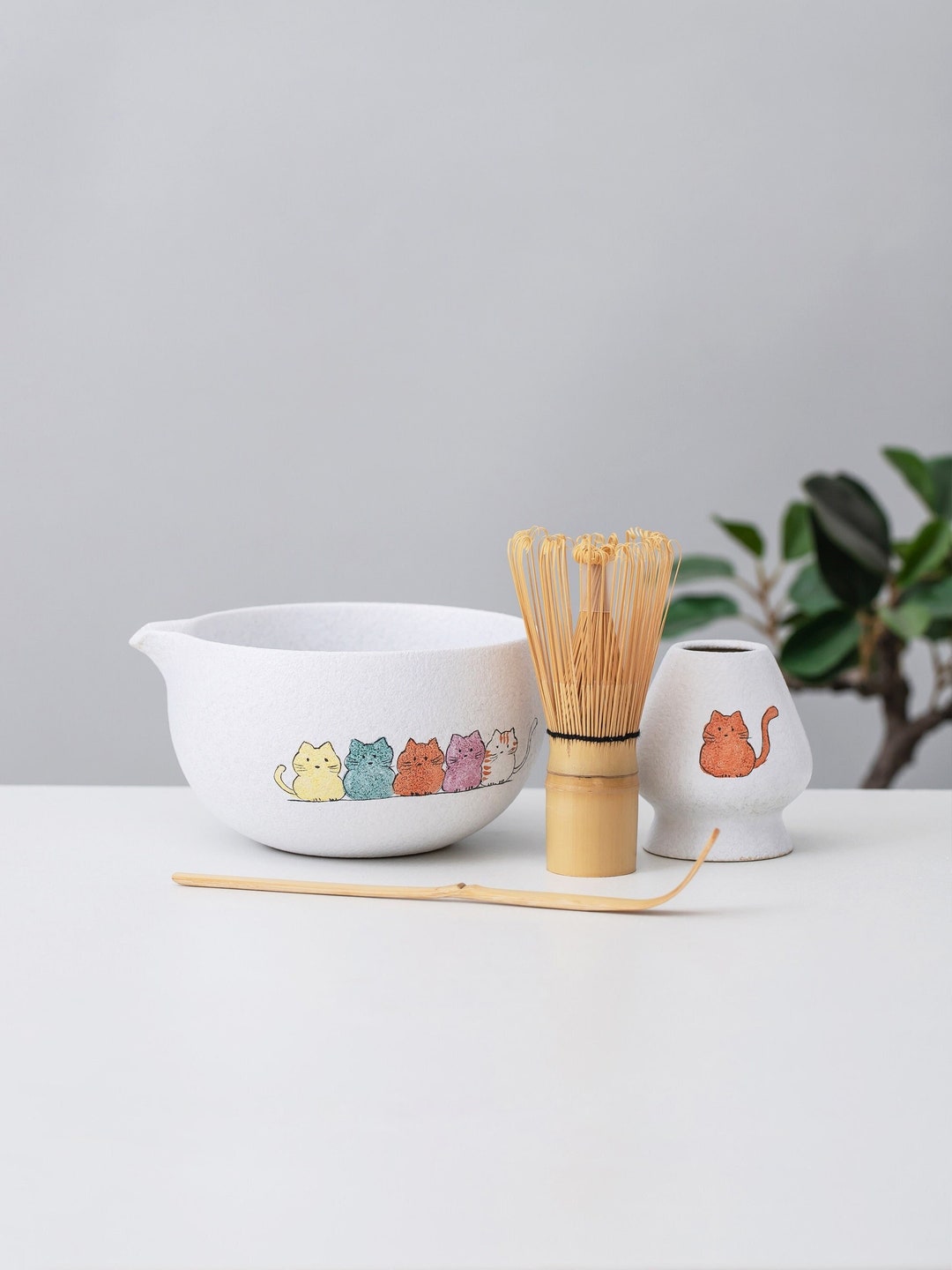 Handcrafted Cute Cats White Matcha Set, Matcha Bowl Set With Bamboo ...