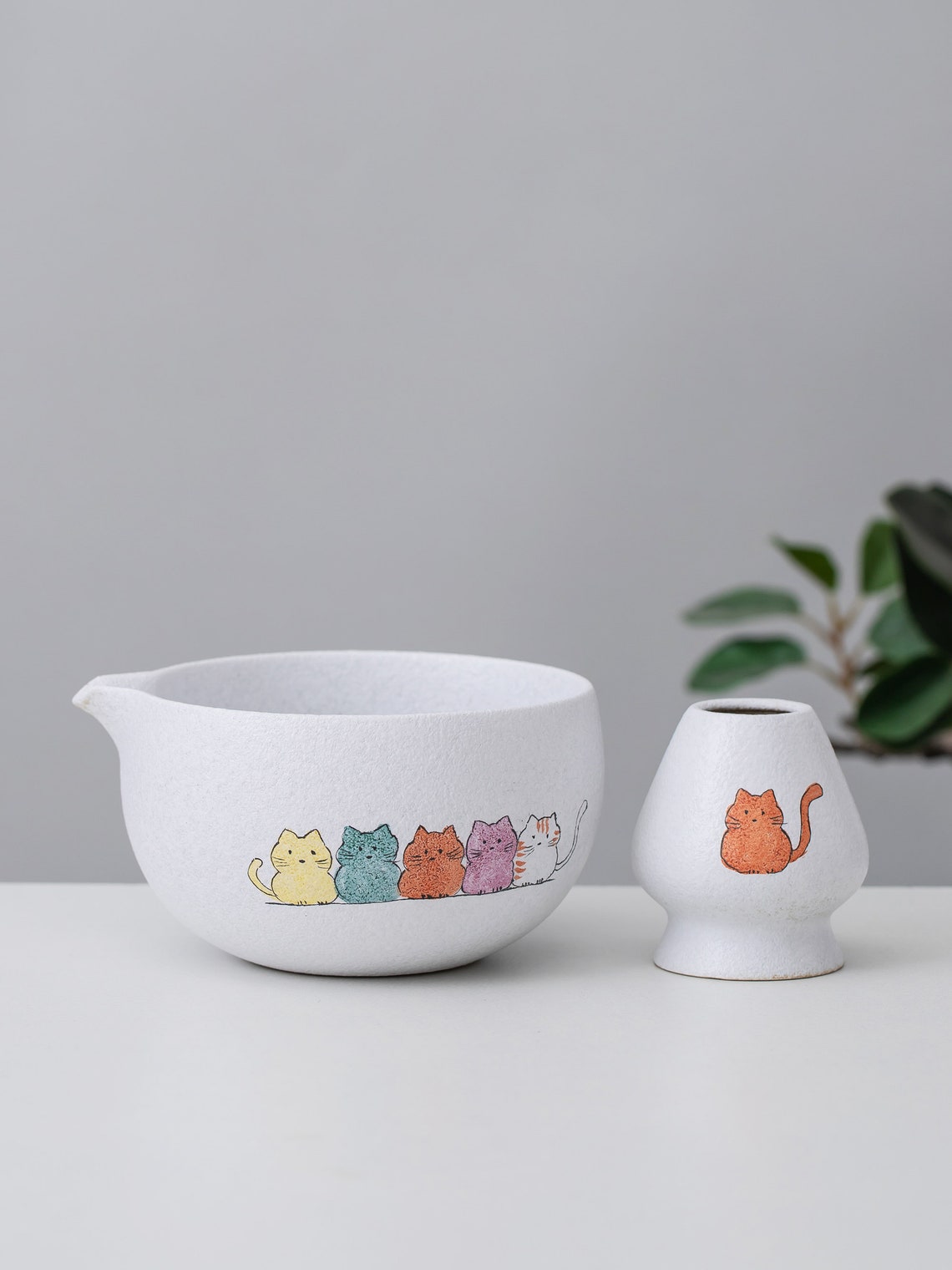 Handcrafted Cute Cats White Matcha Set, Matcha Bowl Set With Bamboo ...