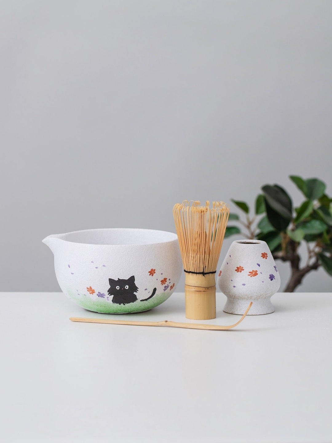 Hand Painted Cute Black Cat and Flower Matcha Bowl Set With Bamboo ...