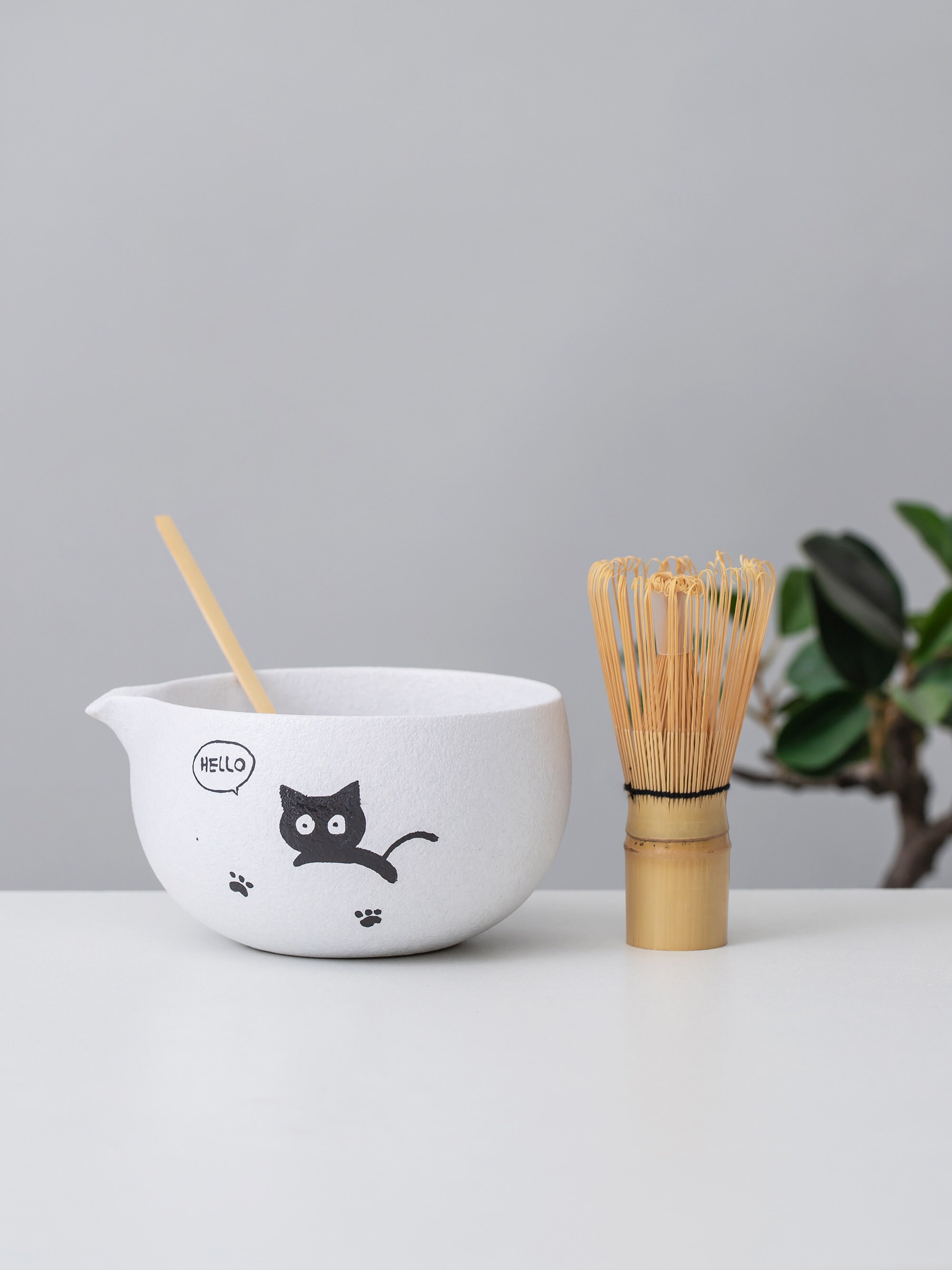 Hand Painted Cute Little Black Cat Matcha Set, Matcha Bowl Set With ...