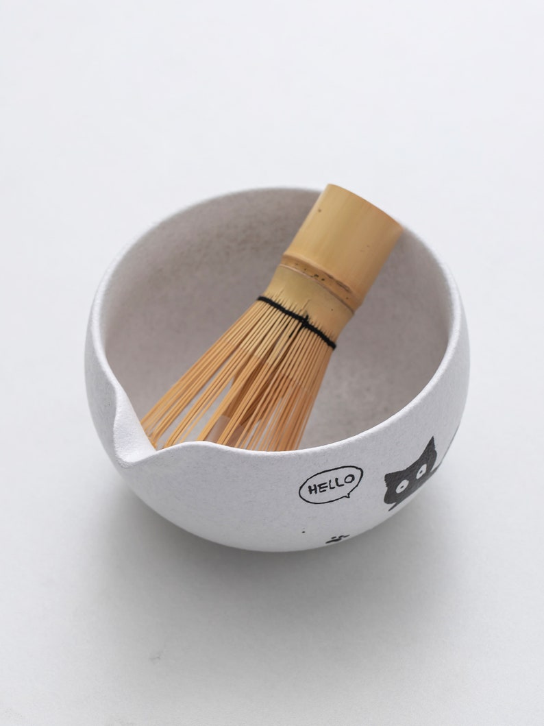Hand Painted Cute Little Black Cat Matcha Set, Matcha Bowl Set With ...