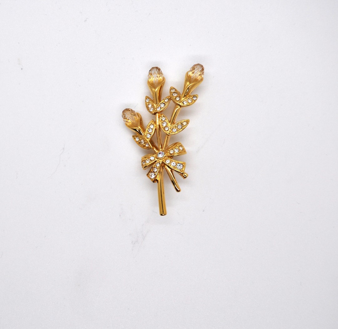 Flower Bouquet Brooch - Monet - Gold Tone With Clear Stones - Etsy