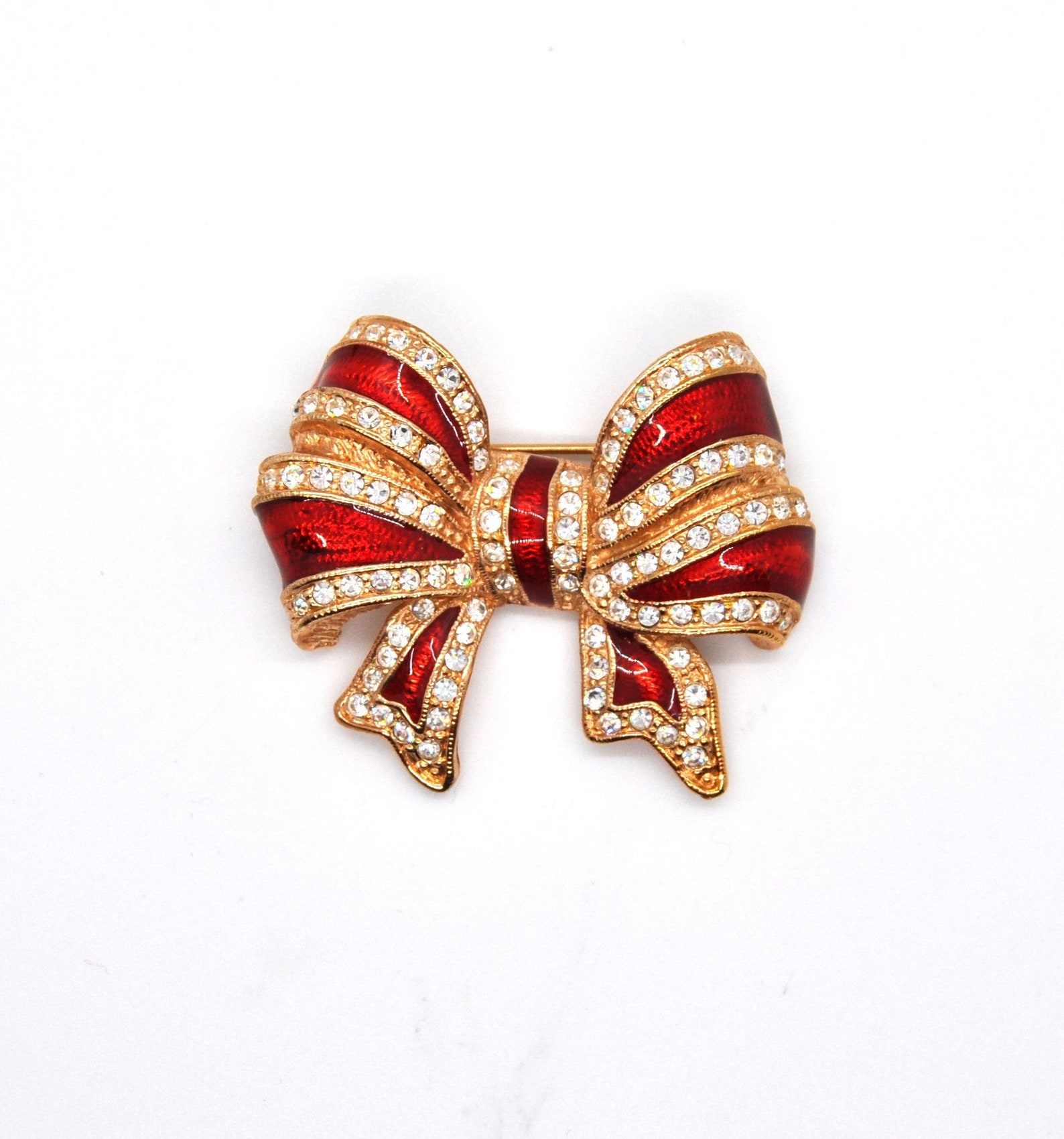 Large Red Stripe Christmas Bow Brooch Gold Tone Clear Stones - Etsy