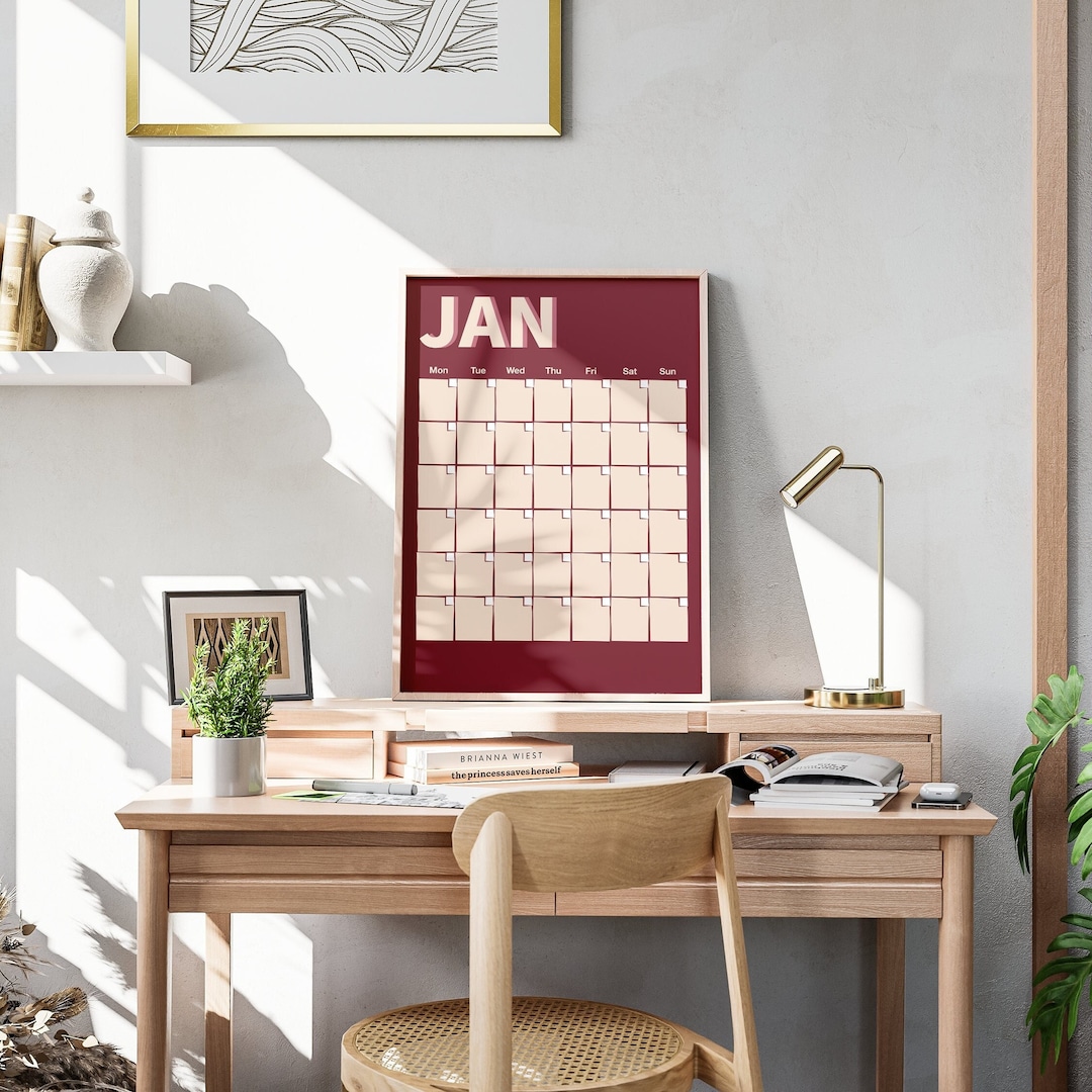 Perpetual Wall Calendar, Wine Red and Oat Milk, Printable PDF - Etsy
