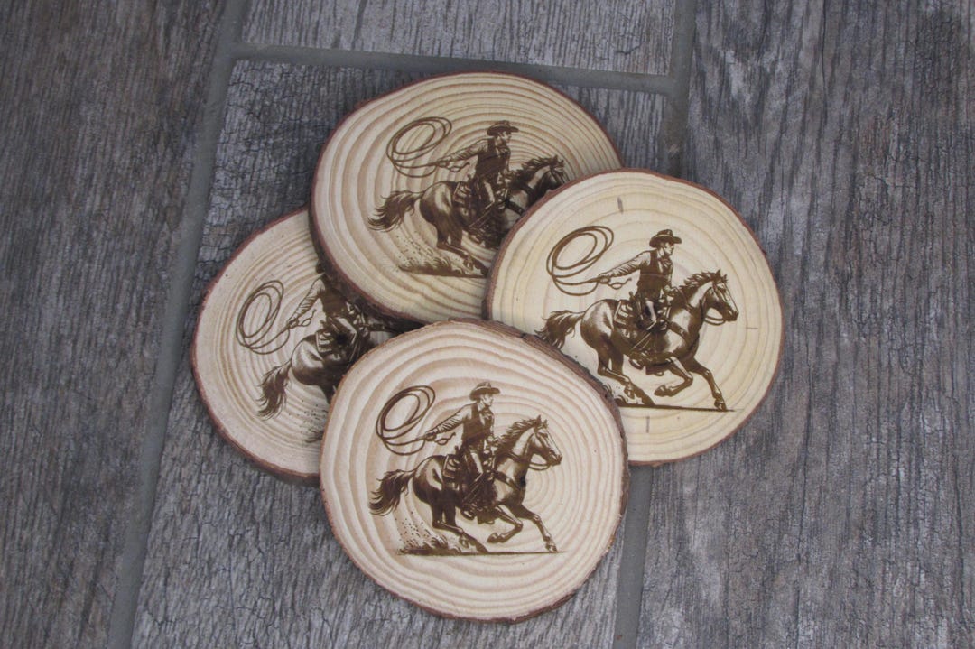 Laser Engraved Wood Coasters With Barrel Racing Cowboy, Western Rodeo ...