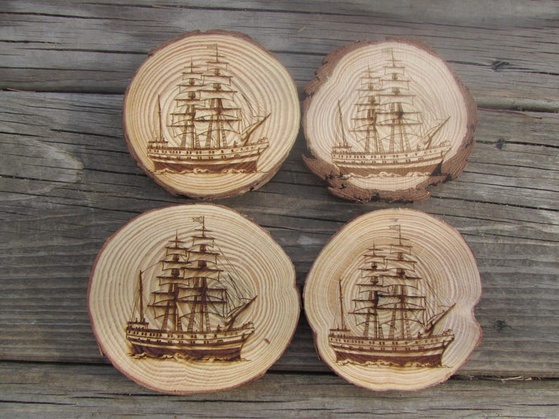 Set of 4 Engraved Wood Coasters, Boat Gift, Nautical Drink Coasters ...