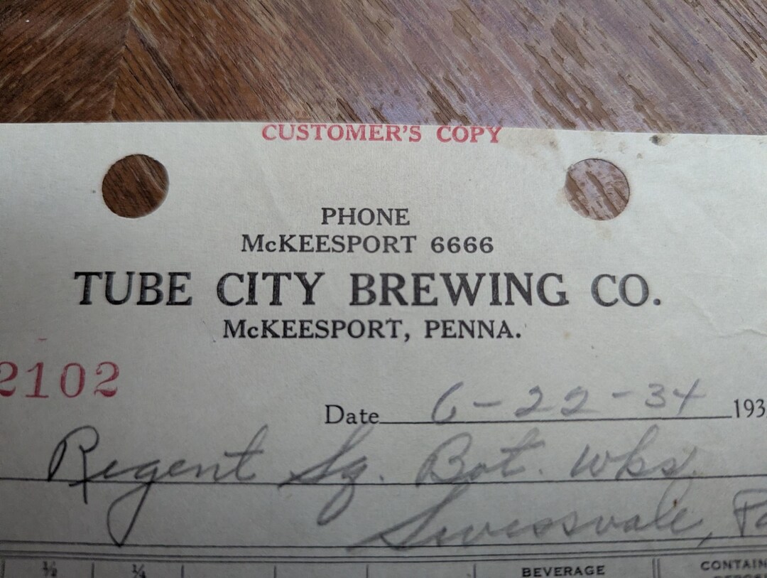 Tube City Beer - 1934 - Factory Receipt on Letterhead - Etsy
