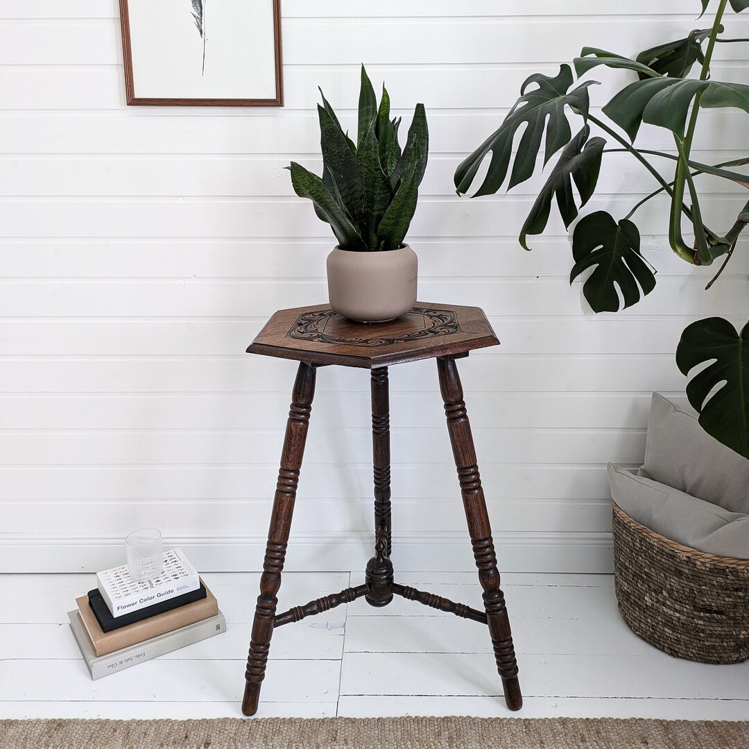 Vintage Side Table Tripod Polygon Hand Carved Turned Solid Wood ...