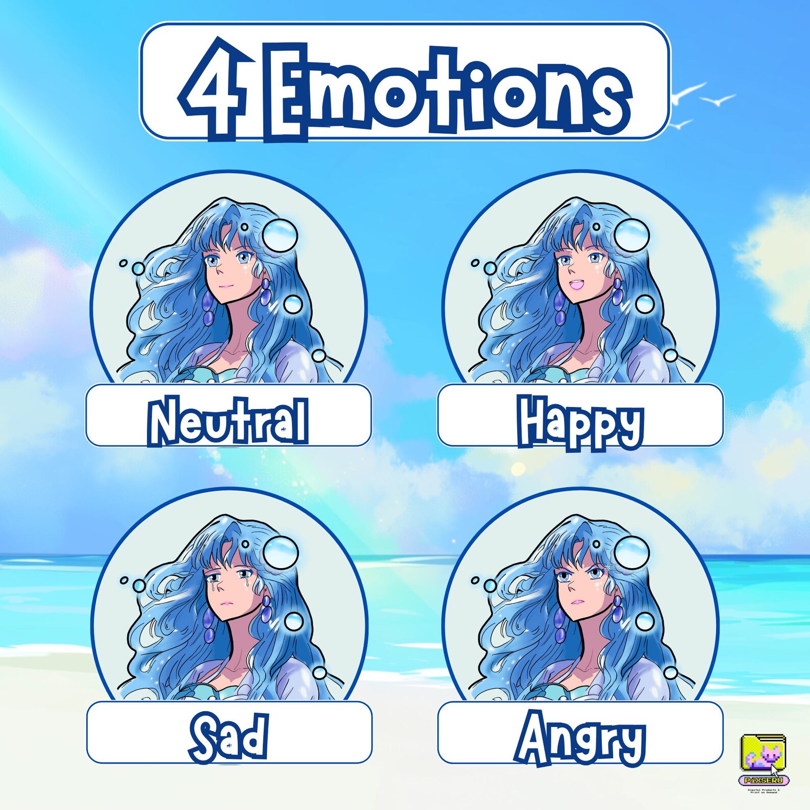 Pngtuber Vtuber Model Blue Maiden Anime-inspired, Neutral, Happy, Sad ...