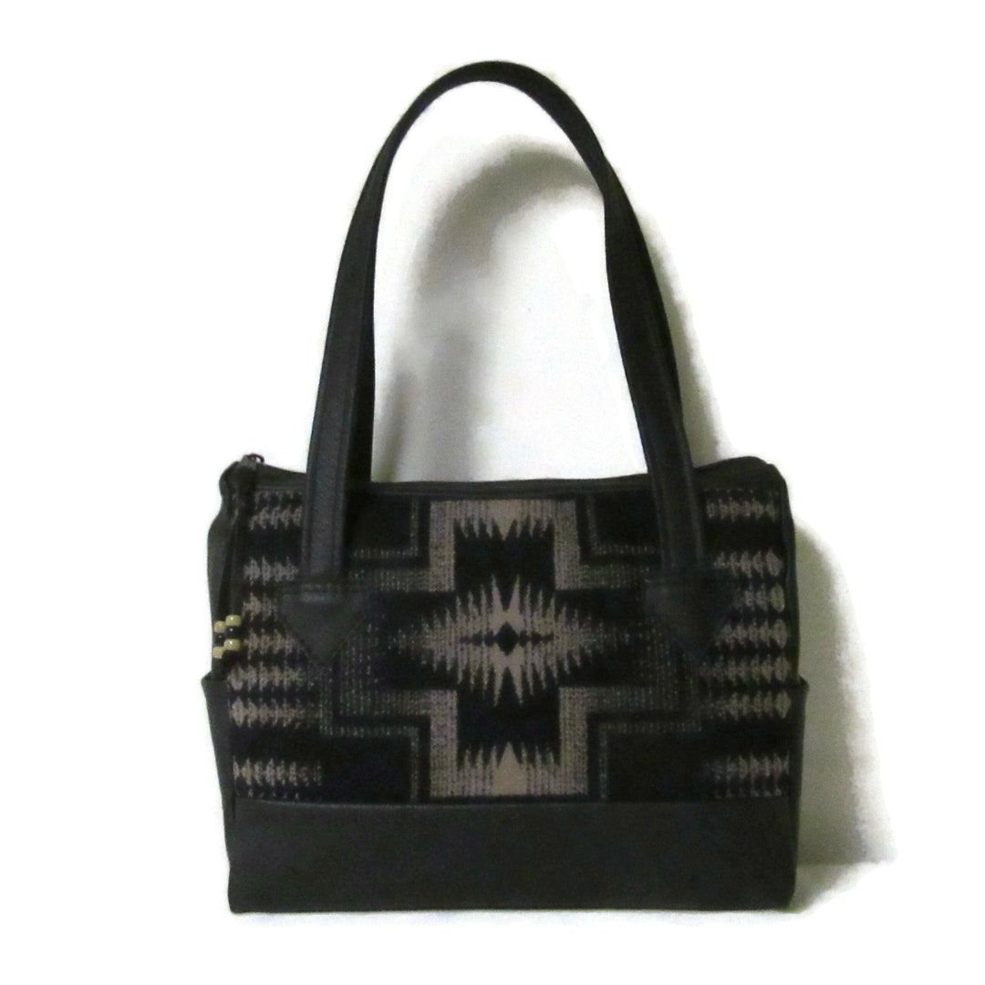 Handbag Hand Bag Shoulder Purse 9 Pockets Soft Black Leather Harding Blanket Wool From Pendleton ...