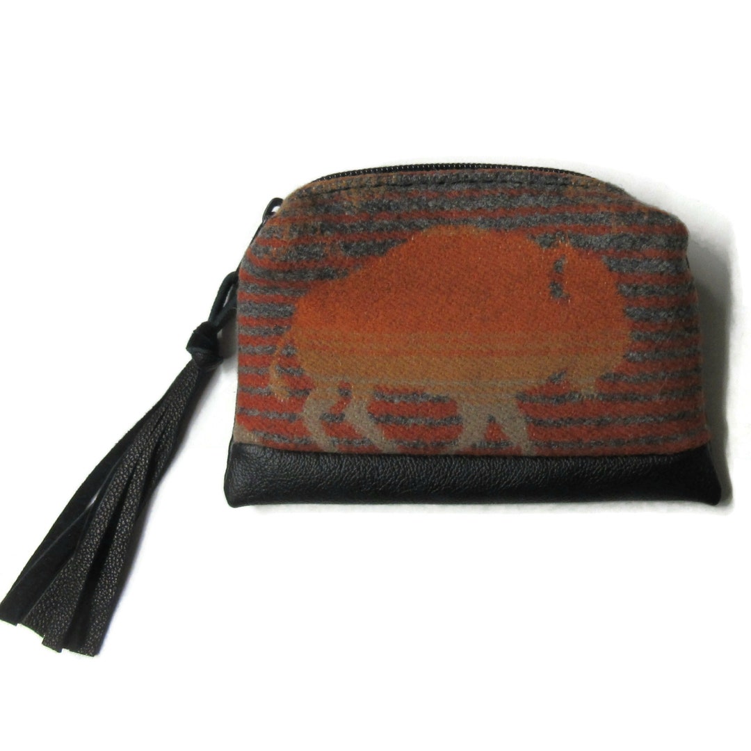 Black Leather Buffalo Zippered Pouch Change Coin Purse Make up Pouch ...