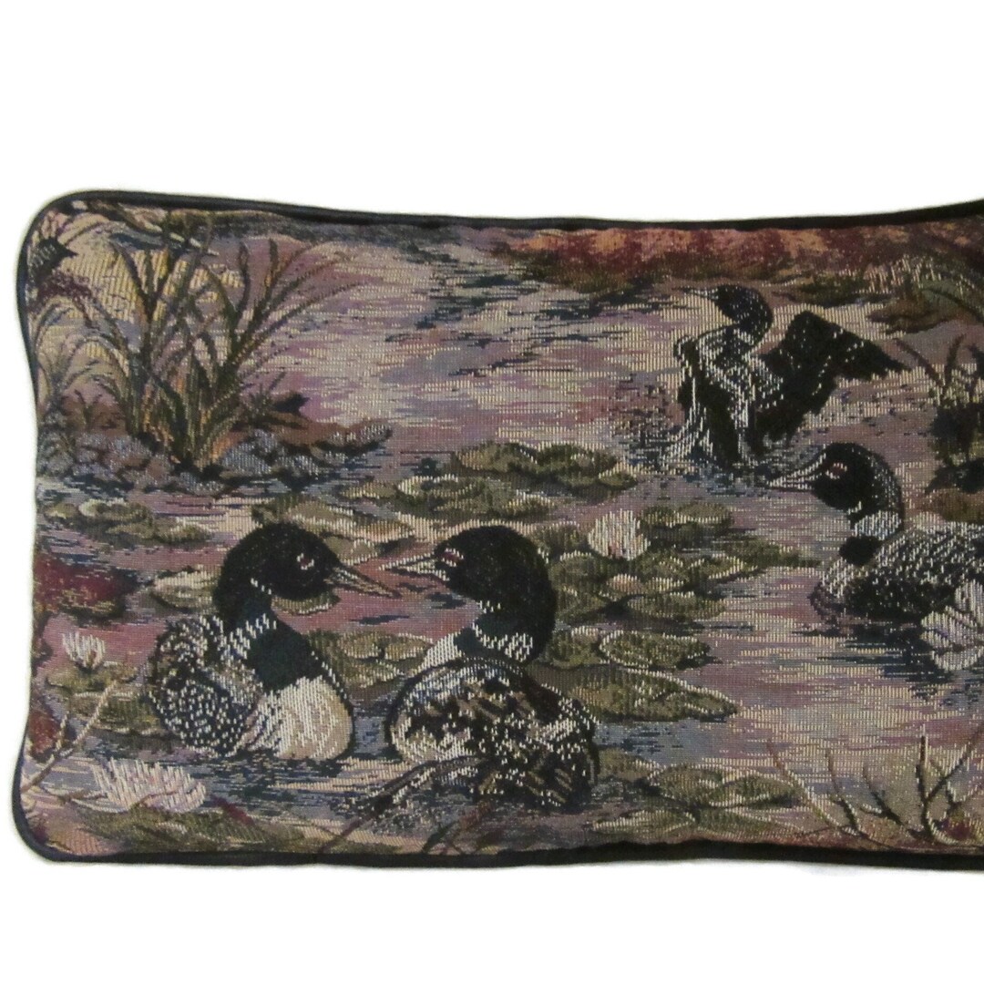 Loon Loons Woodlands Tapestry Lumbar Pillow Piping Trim Man Cave Room ...