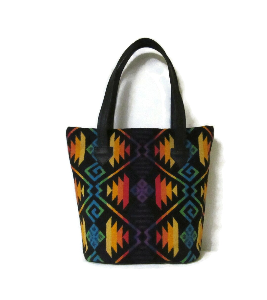 Tote Bag Bucket Bag Purse Black Leather 5 Pockets Colorful Blanket Wool ...
