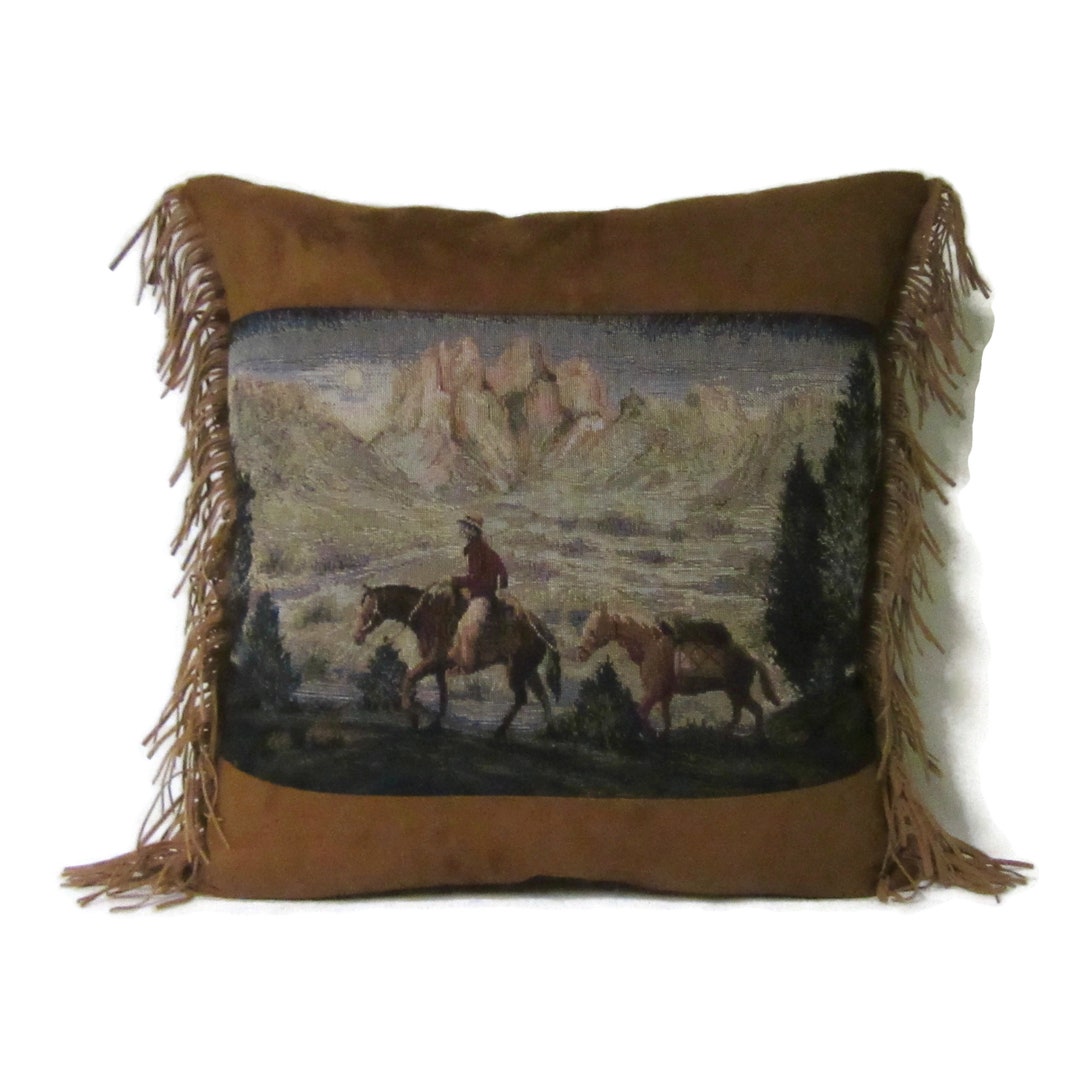 Western Pack Horse Cowboy Tapestry Pillow Fringed Southwestern Ranch ...
