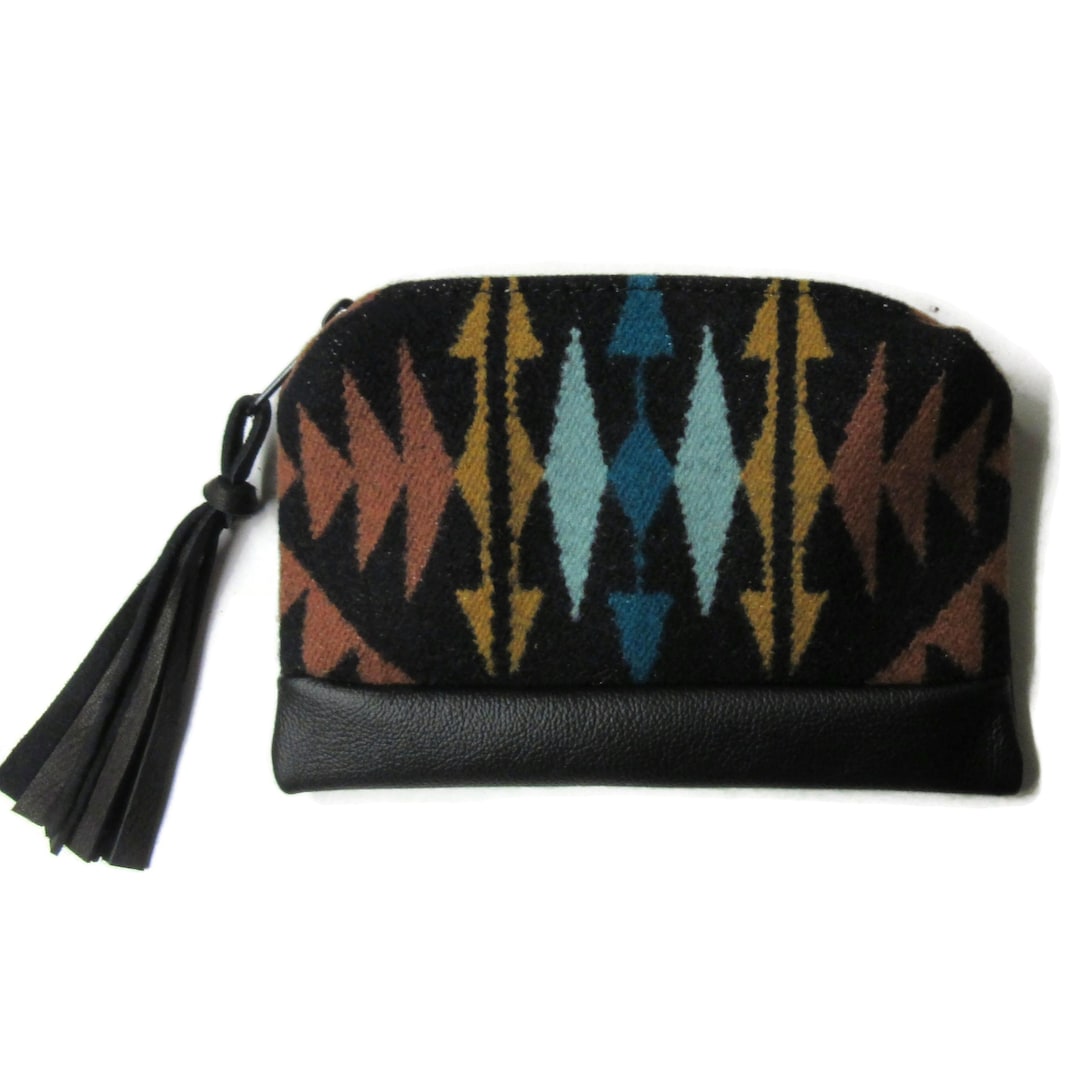Black Leather Zippered Pouch Change Coin Purse Make up Pouch Clutch Bag ...